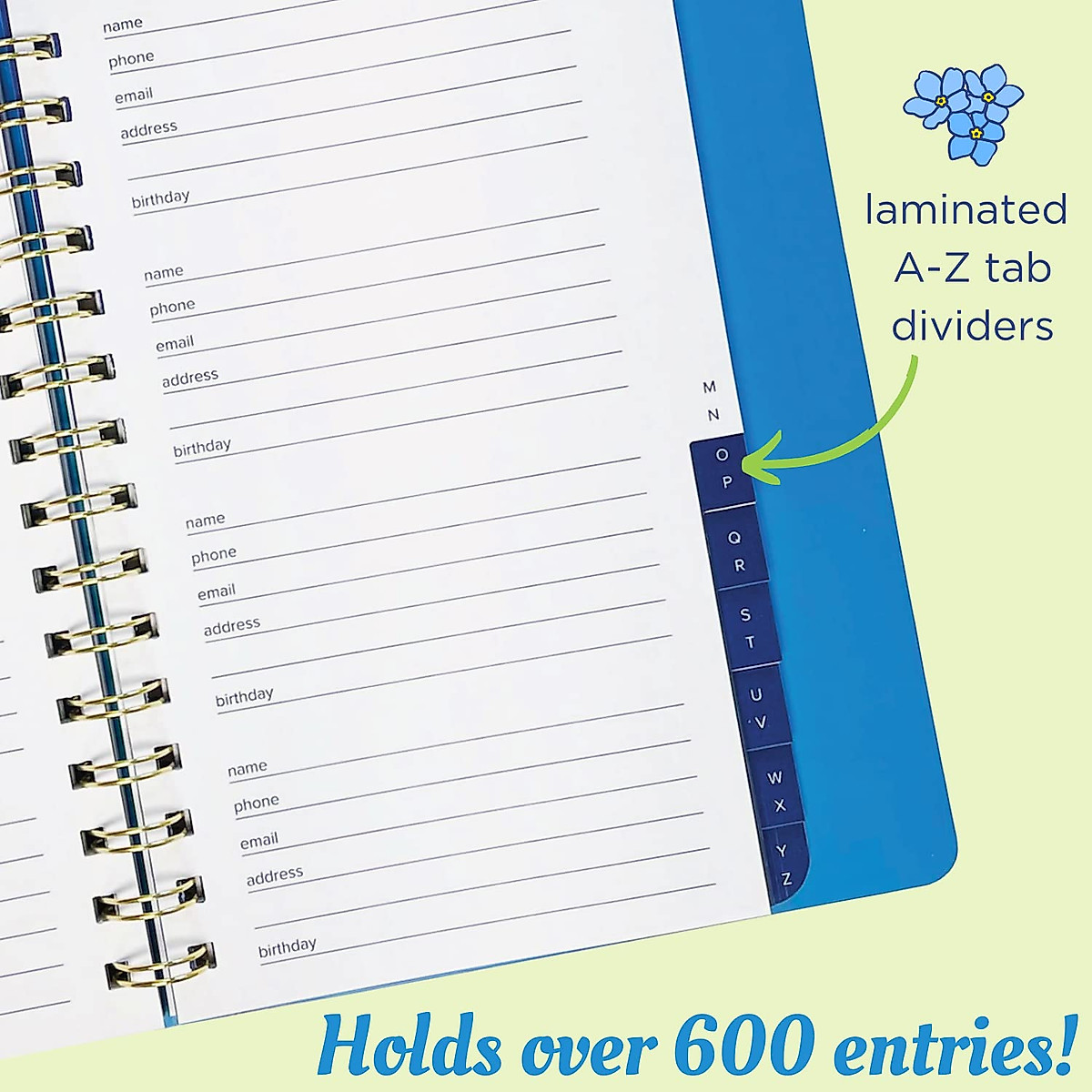 Steel Mill & Co Address Book with Alphabetical Tabs, Spiral Bound Contact Book, Blue Floral Personal Organizer, 8 x 6, Forget Me Not
