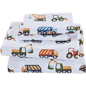 Fancy Linen Construction Excavators Dumping Trucks Tractors Light Blue Red Yellow Dark Blue Sheet Set for Boys/Teens Bedroom New (Twin)