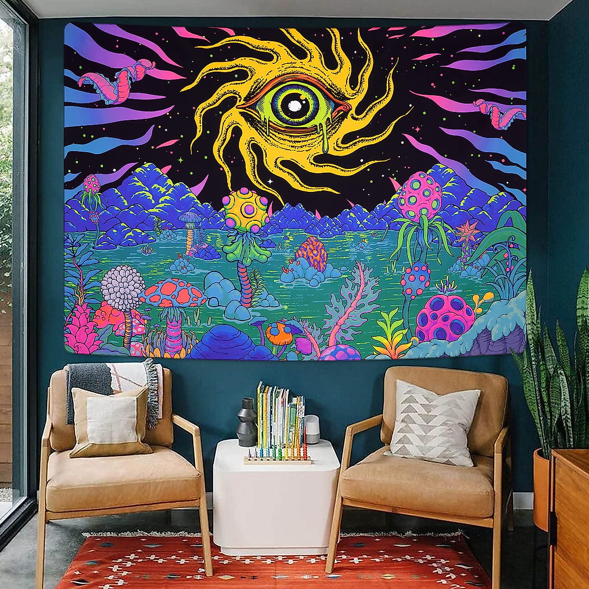 Uspring Blacklight Burning Sun Tapestry UV Reactive Sunset Mushroom Tapestry Hippie Eyes Tapestries Ocean Plant Tapestry Aesthetic Mountain Tapestry Wall Hanging for Bedroom(59.1 x 82.7 inches)