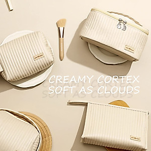 Linpr 3 Pcs Makeup Bag Set, Portable Waterproof PU Striped Leather Toiletry Bags, Cute Travel Cosmetic Organizer for Women and Girls (White)