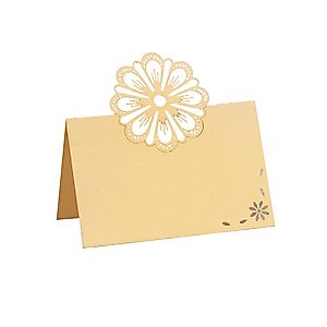Table Card for Wedding Bride Shower Dinner, Reception, Banquet, Buffet Food, Seating Place Cards for Tables, Scored for Easy Folding, Hollow Flower Design, 50 Pack (Platinum)