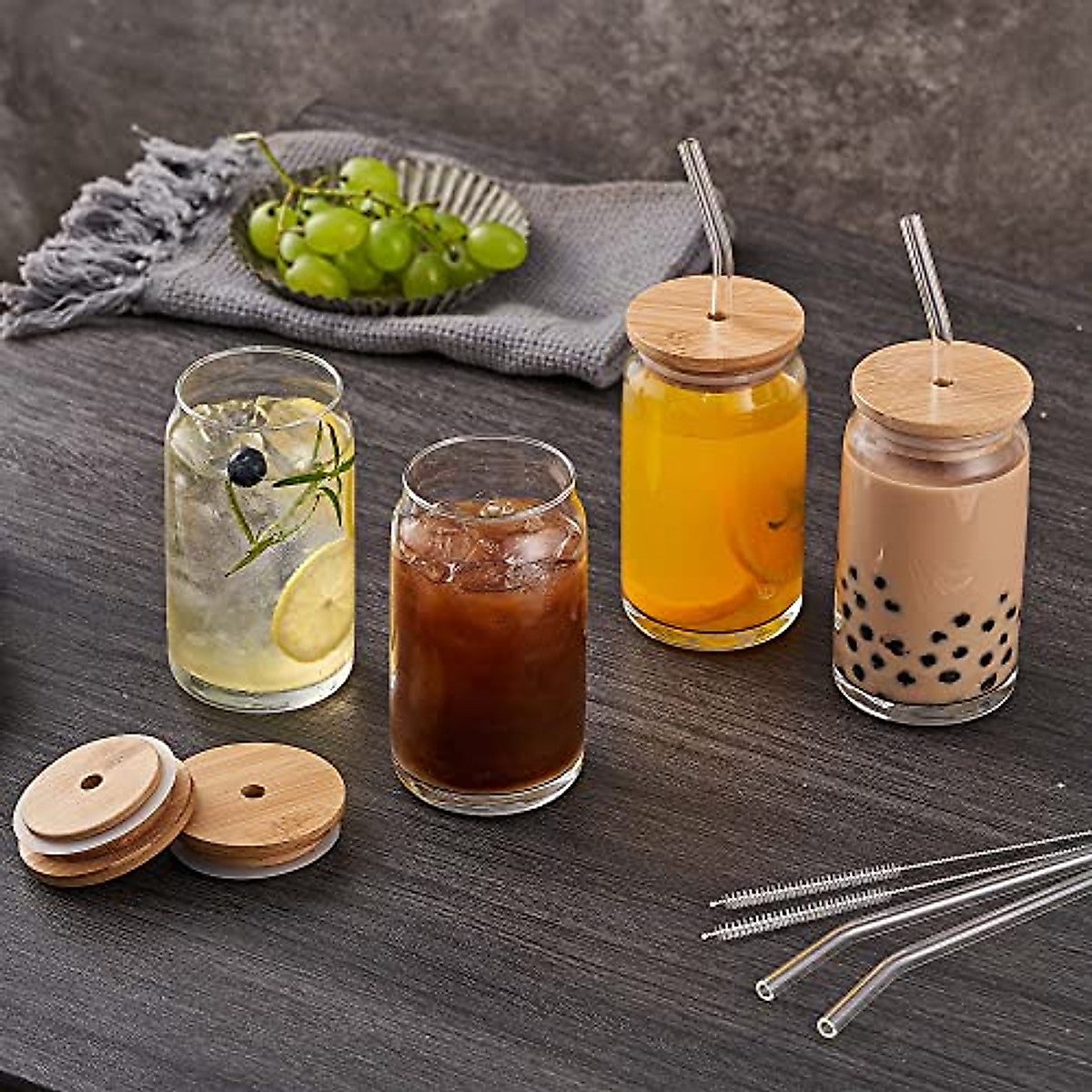 RLCOEUS Set of 4 Drinking Glass Cup with Bamboo Lids and 6 Glass Straws - Can Shape Beer Glasses for Smoothie, Whiskey, and Cocktails, 2 Cleaning Brushes
