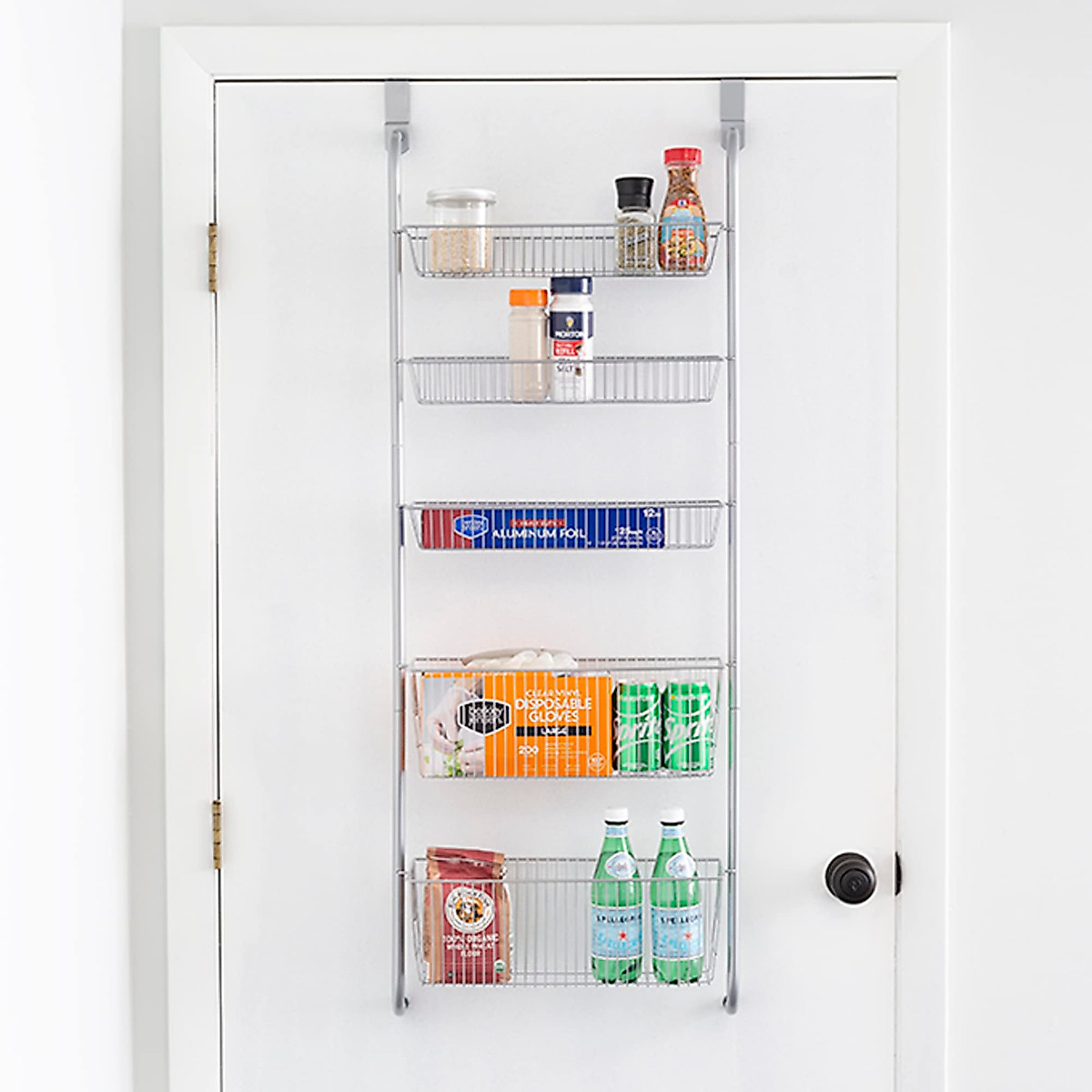 5 Tier Over The Door Pantry Organizer (Silver), By Home Basics | Metal Pantry Door Rack | Hanging Pantry Organizer For Condiments, Spices, Snacks, and Canned Goods