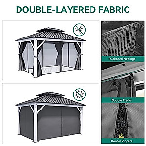 YITAHOME White Gazebo 10x12ft Hardtop Double Roof Canopy Galvanized Iron Aluminum Frame Outdoor Gazebo with Netting and Shaded Curtains Garden Tent for Patio, Backyard, Deck and Lawns, Grey Curtain