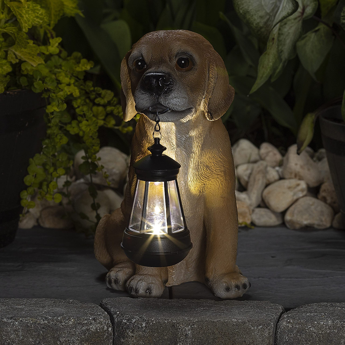VP Home Golden Puppy with Lantern Solar Powered LED Outdoor Decor Garden Light