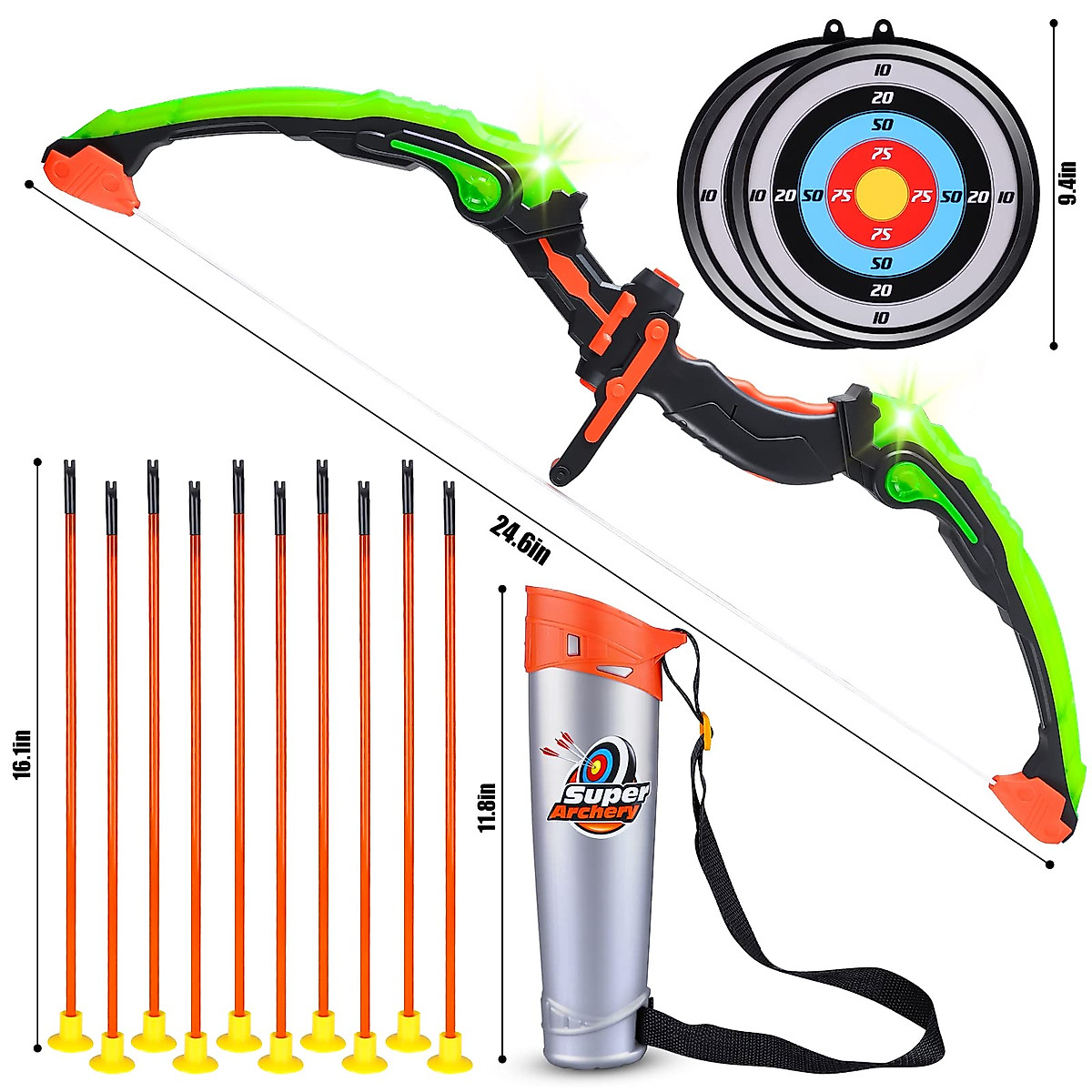 Bow and Arrow for Kids with LED Lights - Kids Archery Set includes 1 Bow, 10 Suction Cups Arrows, 2 Targets and Quiver, Play Indoor and Outdoor for Boys Girls Aged 3 4 5 6 7 8-12 Years