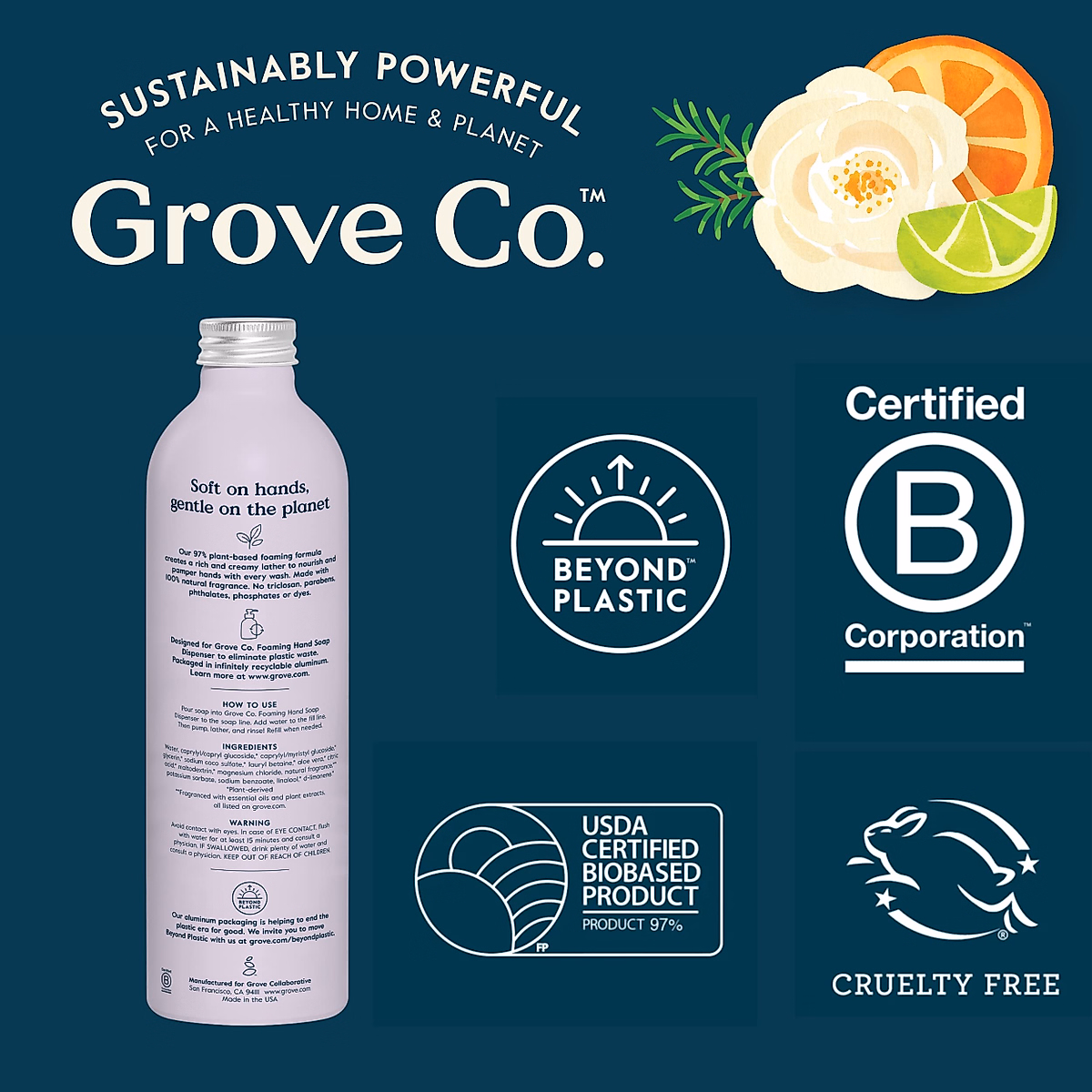 Grove Co. Foaming Hand Soap Concentrate (12 Fl Oz) + Reuseable Glass Soap Dispenser, Plastic Free and Liquid Refillable Starter Kit, Natural Lavender Blossom & Thyme Fragrance