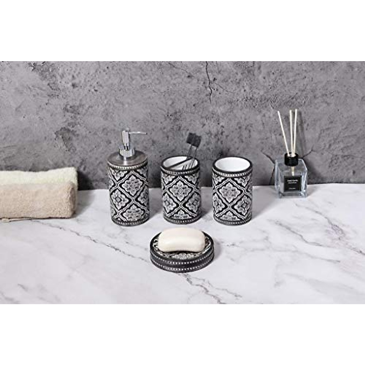 KRALIX Bathroom Set 4 Pieces, Bathroom Accessory Set Includes Toothbrush Holder, Rinse Cup, Soap Dish, Hand Sanitizer Bottle, Bathroom Accessories Set (Brown) (Brown)