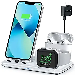 OLEBR 3 in 1 Charging Station for Multiple Devices Apple Bedside Charging Stand for iPhone and Apple Watch 7/6/SE/5/4/3/2/1 Charging Dock for AirPods Pro/3/2/1 (with 12W Fast Charger) White