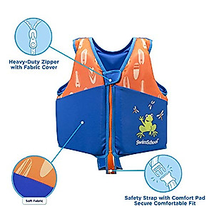 New SwimSchool Swim Trainer Vest – Small/Medium Max 33 Pounds – Kids Swim Vest with Padded Shoulders – Comfortable Flex-Form-Fit Design with Adjustable Safety Strap – Blue/Orange
