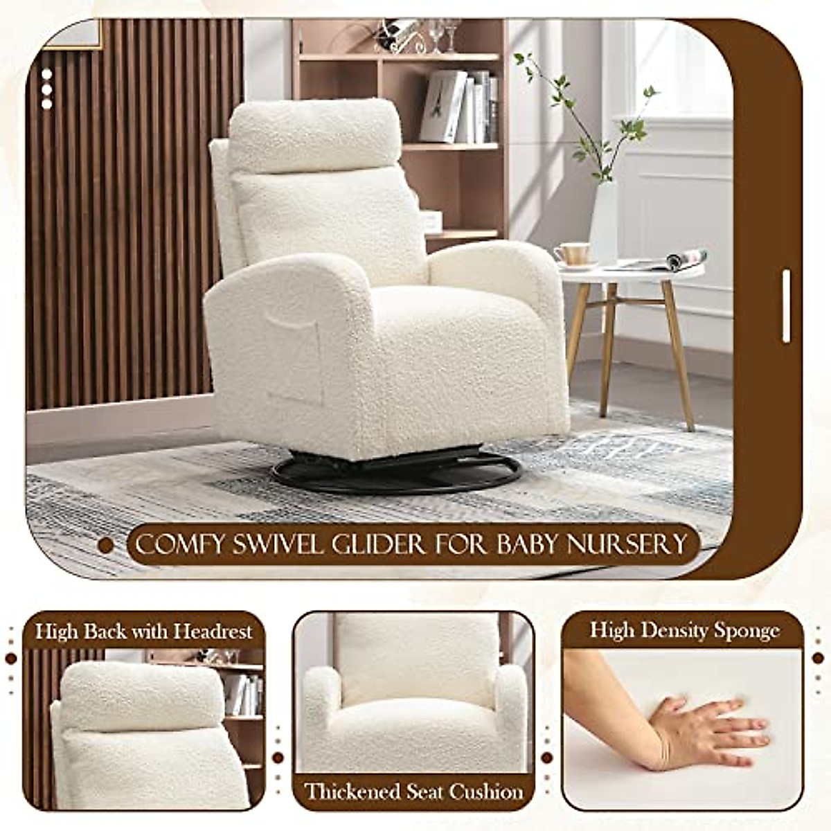 KINFFICT Modern Swivel Glider Chair, Upholstered Accent Glider Rocker for Baby Nursery, Comfy Tall Back Rocking Armchair with Side Pocket and Headrest for Living Room, Bedroom, White Teddy Fabric