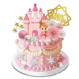 19PCS Princess Cake Topper Castle Cake Decoration for Girl with Snowflake and Stars for Girl Kid Happy Birthday Party Decorations Princess Baby Shower Supplies (Pink)