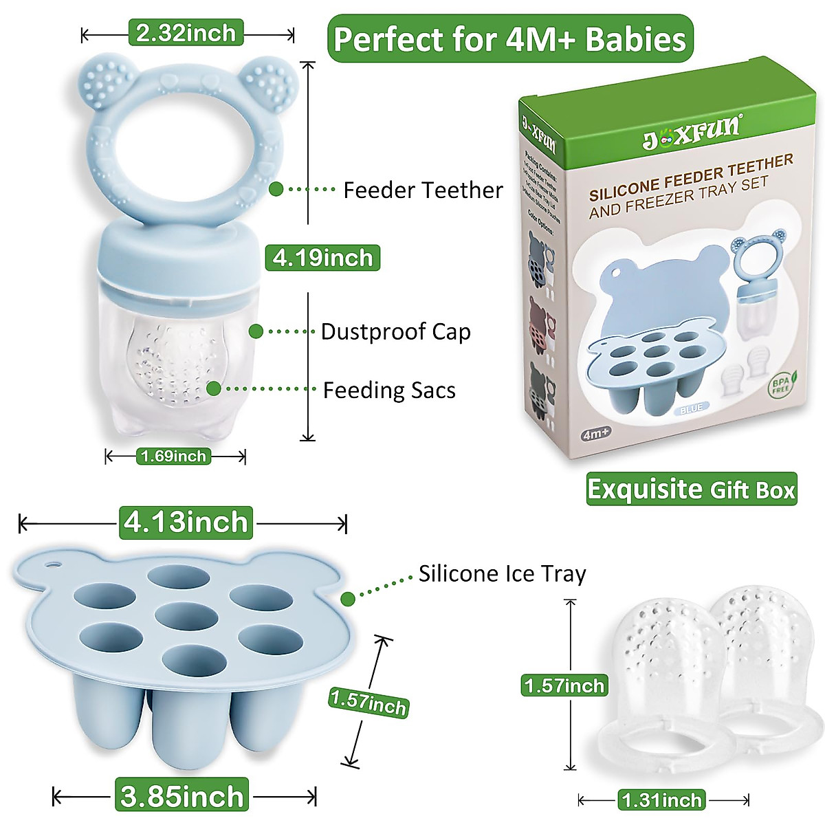 JEXFUN Silicone Baby Fruit Food Feeder Pacifier & Breastmilk Popsicle Freezer Molds, Baby Food Storage Containers Breast Milk Ice Cubes for Baby Teething & Infant Self Feeding, BPA Free - (Blue)