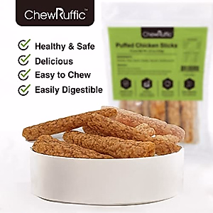 ChewRuffic Chicken Dog Chew Sticks, Puffed Human Grade Dog Treat Sticks, Rawhide Alternative, Easy to Digest 10pcs/Pack