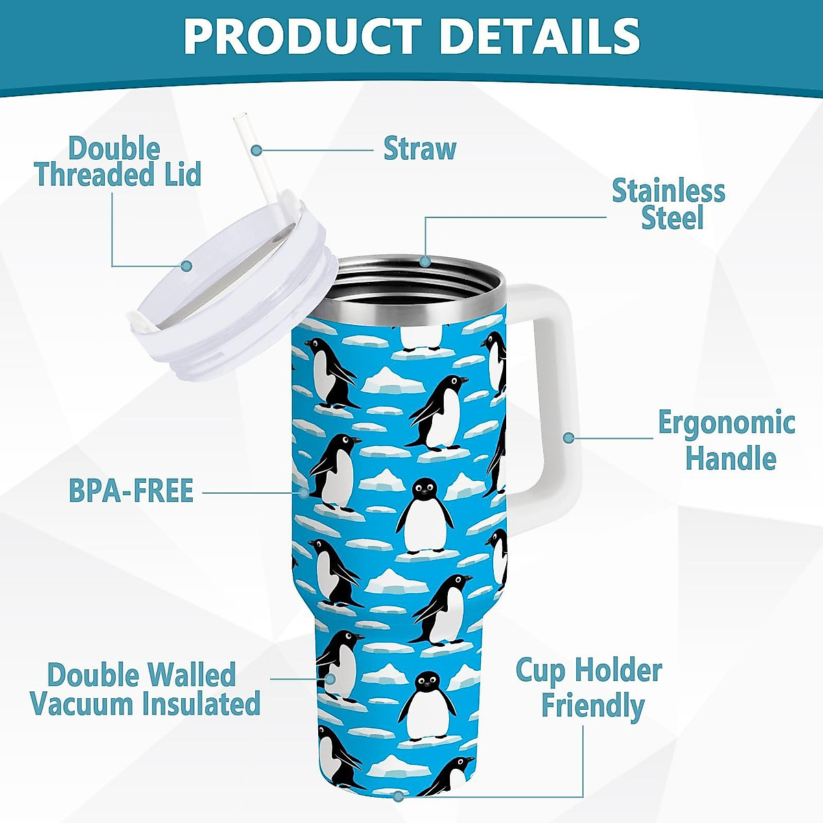ARGTILDN 40 oz Tumbler Antarctic Penguins Ice Insulated Travel Mug with Handle and Straw Lid Stainless Steel Vacuum Coffee Cup Tea Beverage Container Water Bottles for Car Sports office