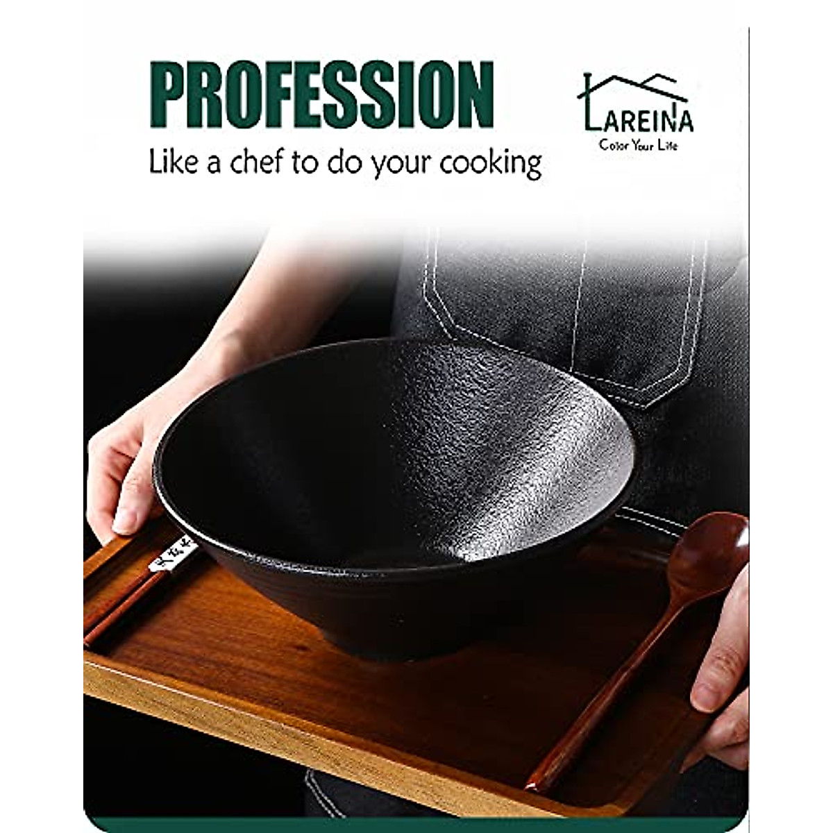 Lareina Ceramic Japanese Ramen Bowls, 2 Sets (6 Piece) 60 Ounce, Large Noodle Soup Bowl with Matching Chopsticks and Spoons for Asian Pho Udon Soba, Matting Black