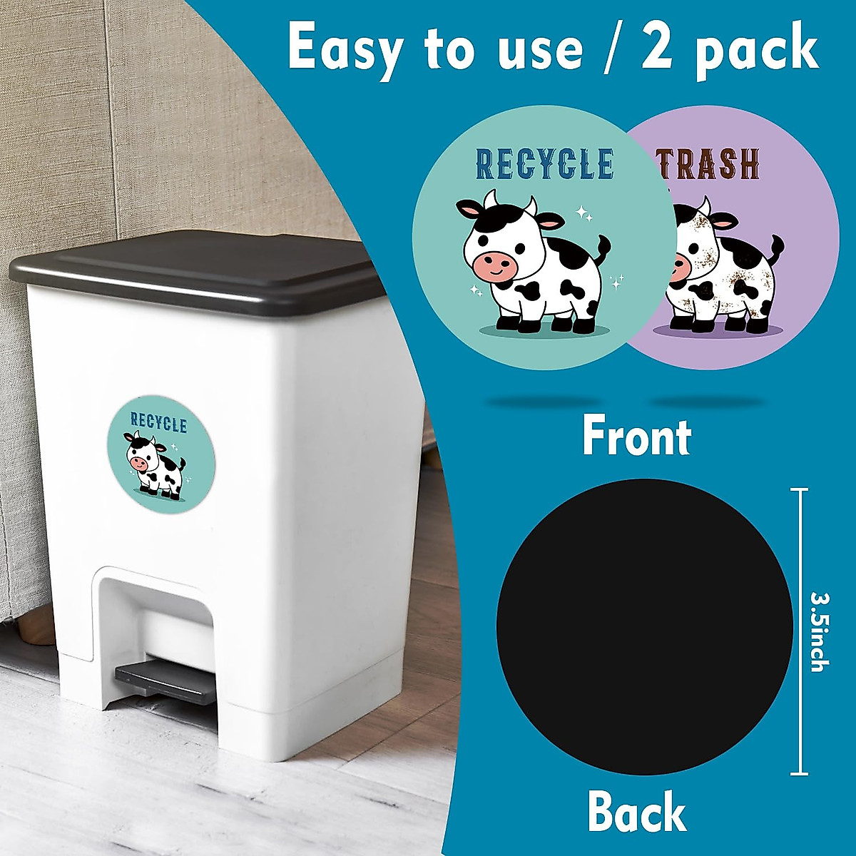 HSSPIRITZ Cow Recycle and Trash Magnets for Kitchen Trash Cans and Recycling Bins,Farmhouse Garbage Can Logo Symbol Magnet sign,2 Pack Magnetic Sticker,3.5"Circle Magnetic for indoor Outdoor Waste Bin