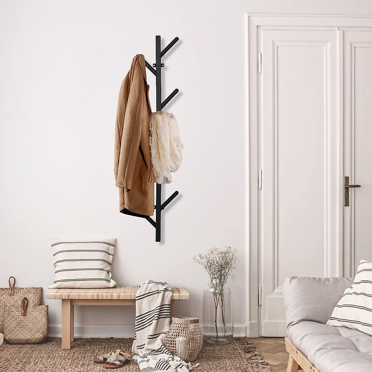 Vertical Coat Rack Wall Mount 2 Pack , Black Hat Rack for Wall with 16 Hooks, Hat Hooks, Wall Mounted Coat Hooks Organizer for Clothes Bags Scarves, Floating Coat Rack for Entryway Bedroom Living Room