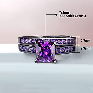 SHELOVES Women Black Gold Plated Wedding Rings Purple Amethyst Princess Cz Engagement Ring Sets 5