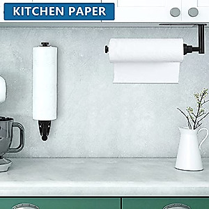 Paper Towel Holder,Under Cabinet Paper Towel Holder for Kitchen with Damping Effect,Single Hand Operable Adhesive or Drilled Wall Mount Black Hanging Paper Towel Roll Rack Holder for Bathroom
