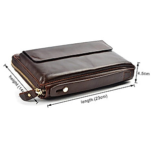 Real Leather Clutch Bags for Men Large Zip Around Genuine Leather Purse Vintage Retro Checkbook Handbag Coffee
