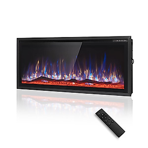 PHI VILLA 30 Inch Electric Fireplace Inserts, Wall Mounted & Recessed Electric Fireplace Heater Low Noise with Remote Control, Timer, Touch Screen, Adjustable Flame Color, 1500W (Black)