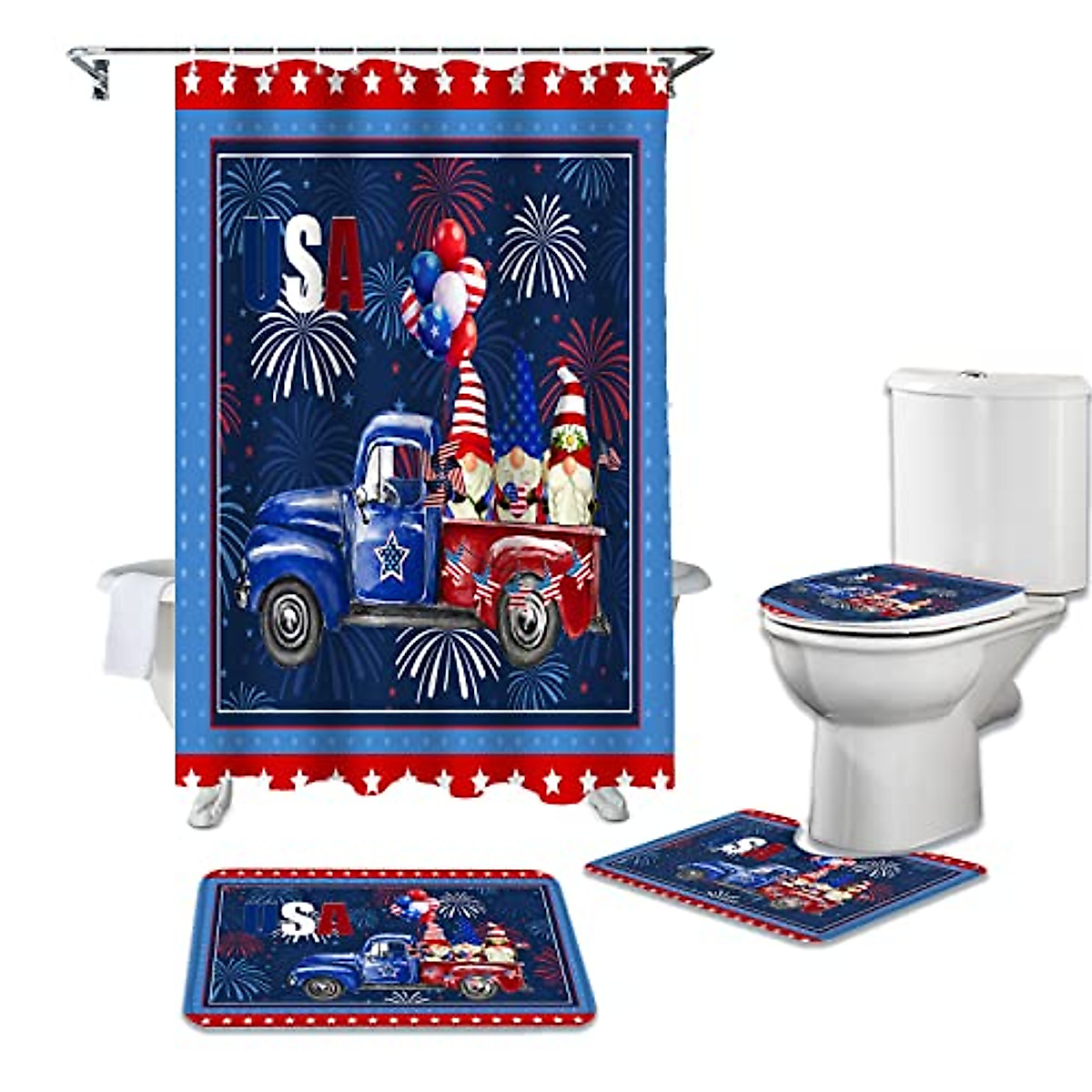 BestLives 4th of July Shower Curtain Sets with Rugs Star Side US Flag Non-Slip Soft Toilet Lid Cover for Bathroom Gnome Truck Firework Ballon 4 Pcs Bathroom Sets with Bath Mat