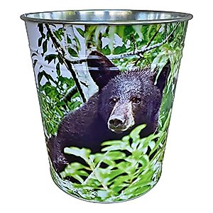 Pine Ridge Bear in Tree Wastebasket - Round Metal Open Top Small Trash Can for Office, Living Room, Kitchen, Bathroom, Dorm, Bedroom and Compact Spaces