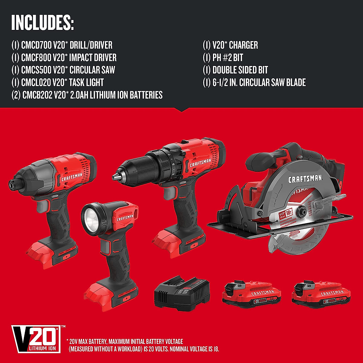 CRAFTSMAN V20 MAX Power Tool Combo Kit, 4-Tool Cordless Power Tool Set (CMCK401D2AM)