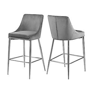 Meridian Furniture Karina Collection Modern | Contemporary Velvet Upholstered Counter Stool with Polished Chrome Metal Legs and Foot Rest, Set of 2, Grey