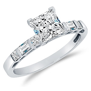 Size 8.5 - Solid 14k White Gold CZ Cubic Zirconia Bridal Engagement Ring w/Matching Wedding Band Two Ring Set - Princess Cut Solitaire with Baguette Side Stones (1.75cttw., 1.0ct. Center)