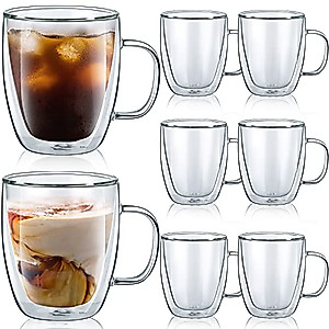 Potchen 8 Pack 12 Oz Double Wall Glass Coffee Mugs Clear Glass Coffee Cups with Handle Insulated Coffee Mug Glass Cups for Cafe Latte