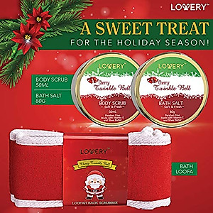 Bath and Body Christmas Gift Basket For Women and Men – Cherry Twinkle Bell Home Spa Set, Includes Fragrant Body Lotions, Bath Salts, Stocking Stuffer, Loofah Scrubber and More