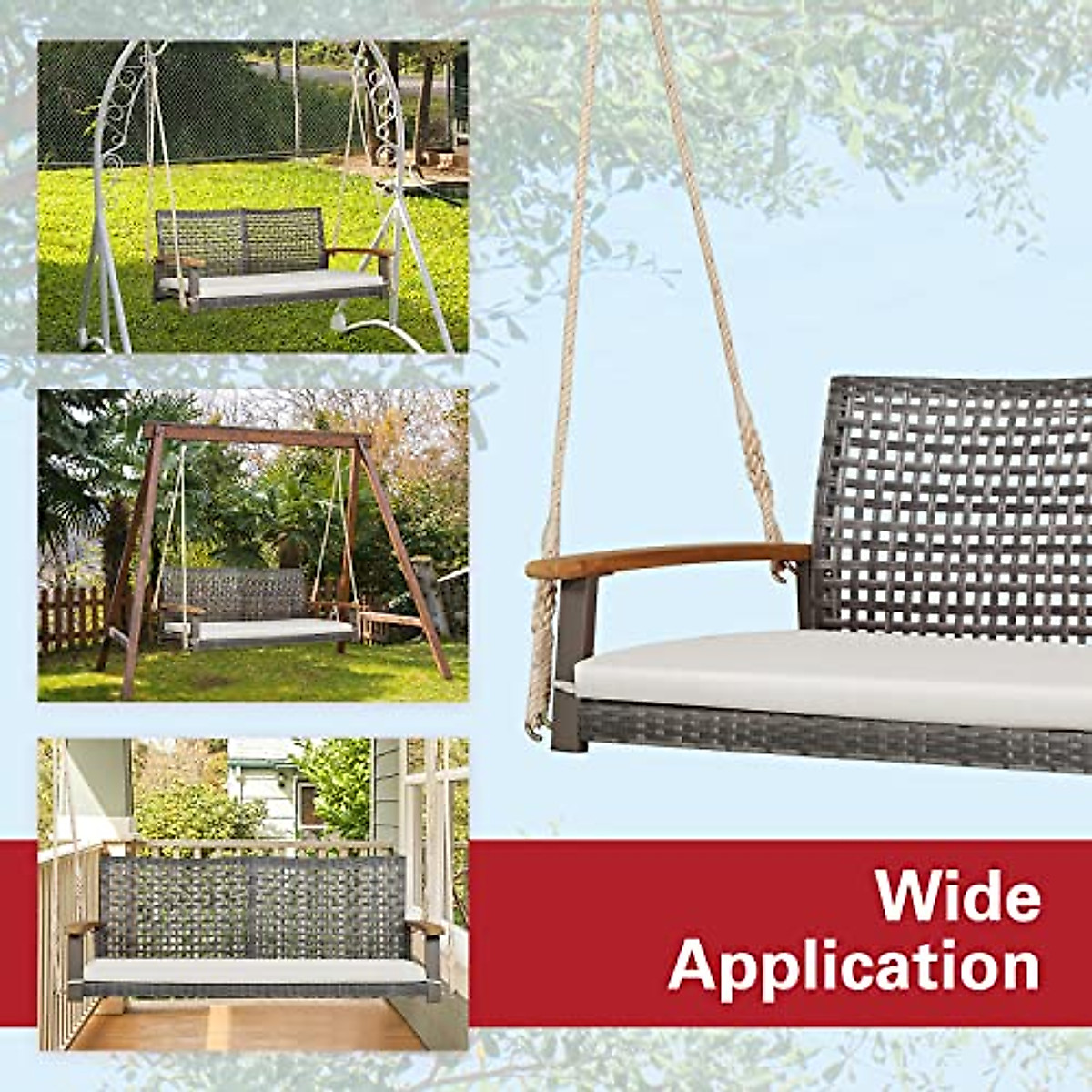 Tangkula 2-Person Outdoor Porch Swing with 118" Hanging Ropes, Patiojoy PE Wicker Patio Hanging Swing Bench with Soft Seat Cushion & 800 Lbs Weight Capacity, Suitable for Patio, Garden (Off White)