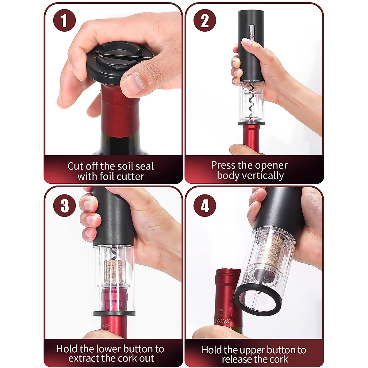 Electric Wine Bottle Opener, CielClair 6-in-1 Rechargeable Automatic Corkscrew Wine Opener Set with Foil Cutter, Wine Pourer, Wine Vacuum Stopper, Mini Champagne Stopper, Reusable Wine Gifts, Black