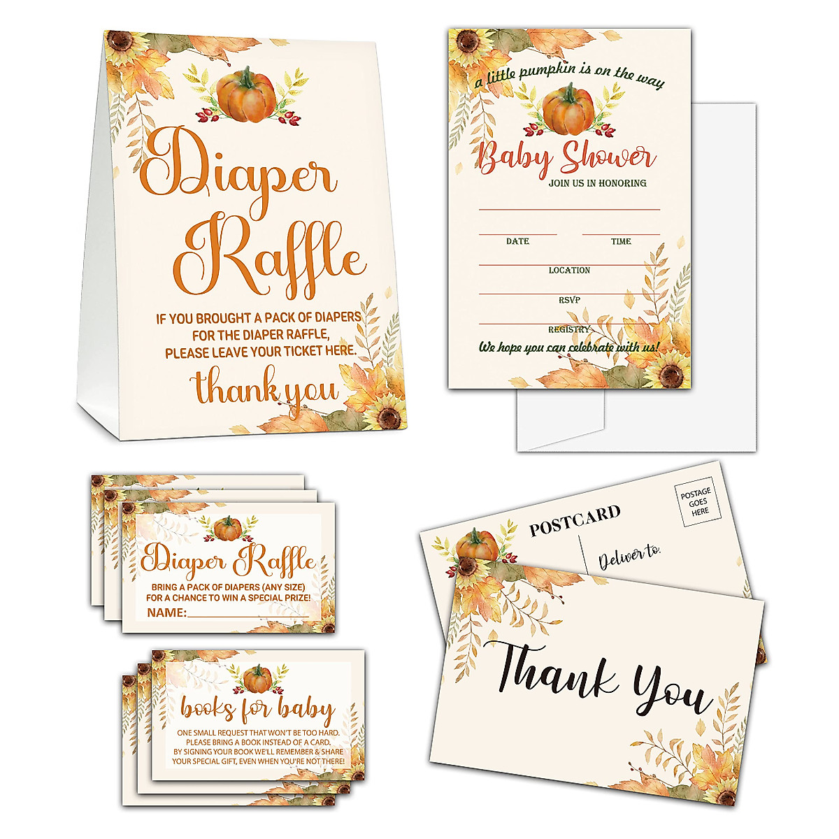 Baby Shower Cards Kit,Happy Fall Thanksgiving Day Set of 25 Baby Shower Invitations with Envelopes, Book Request Cards for Baby Shower,Autumn Pumpkin Baby Shower Party Favor Decoration(02)