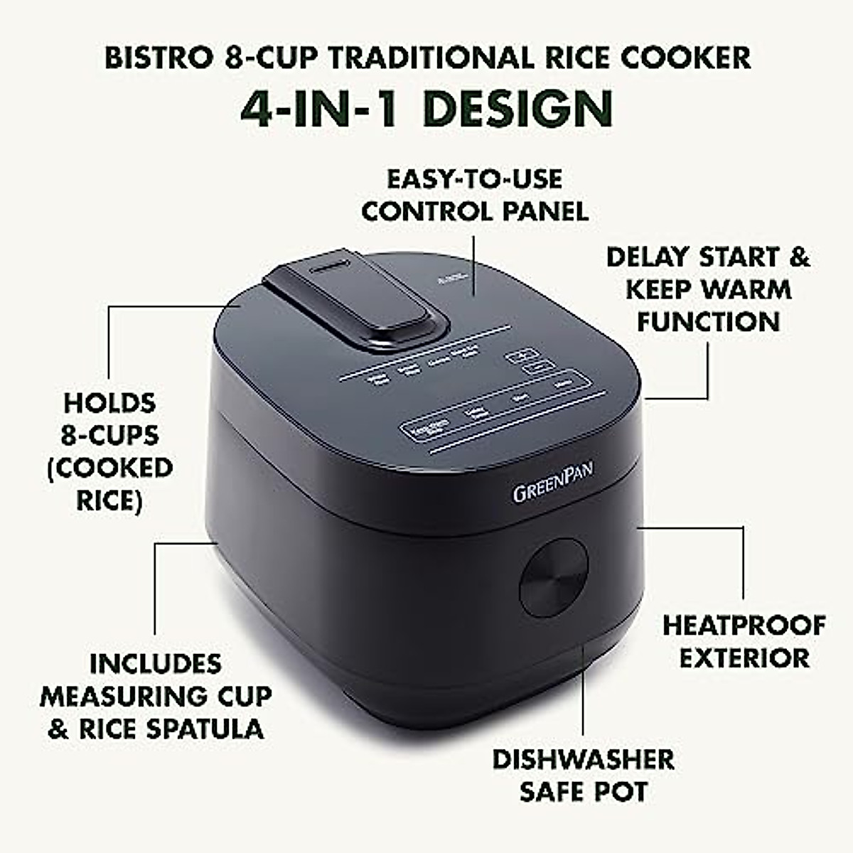 GreenPan Healthy Ceramic Nonstick Rice Quinoa Steel Cut Oats & Grains Cooker,Easy Meal Presets,4 Cups Uncooked (8 Cooked),Cool Touch,Compact,Warms, Steam,Removeable Bowl,Spatula Ladle&Cup, Matte Black