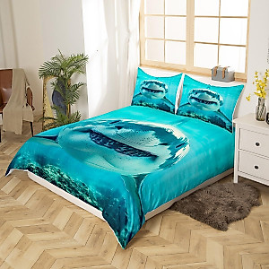 Shark Pattern Bedding Set Twin Size for Kids Boys Bedroom,Sea Animals Bed Duvet Cover Set,Shark Fish Print Comforter Cover Hawaiian Beach Decor 2 Pieces 1 Duvet Cover with 1 Pillowcase（No Comforter）