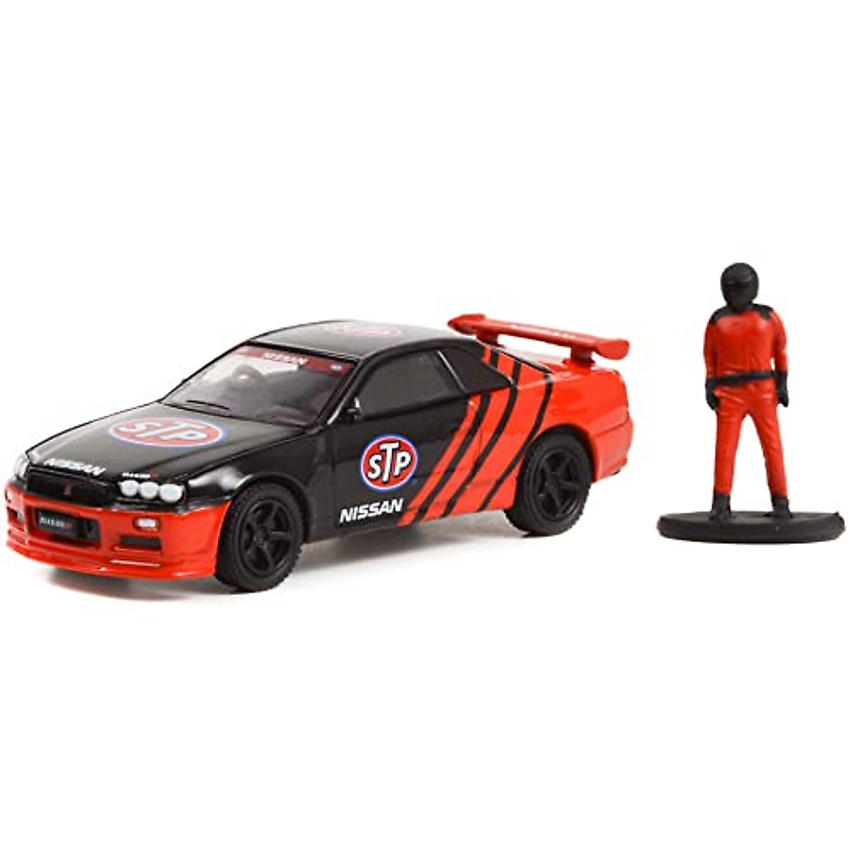 1999 Skyline (R34) RHD Right Hand Drive Black & Red STP & Race Car Driver Figure The Hobby Shop Series 13 1/64 Diecast Model Car by Greenlight 97130 E