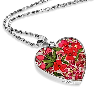 IREKUA Love Heart Necklace for Women 925 Sterling Silver Pressed Flowers Pendant with 20" Stainless Steel Chain Jewelry for Anniversary Birthday Valentines Christmas Gifts for Woman Mother Wife Mom Girlfriend Girl Lady Her with Gift Box