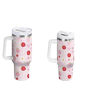YNNALE 30 oz Tumbler with Straw & Handle - 2 in 1 Lids Leak Proof Tumblers - Large Insulated Stainless Steel Cup - BPA-Free Water Bottle Travel Metal Mug for Women Man,Bow Floral Cute Pink Strawberry