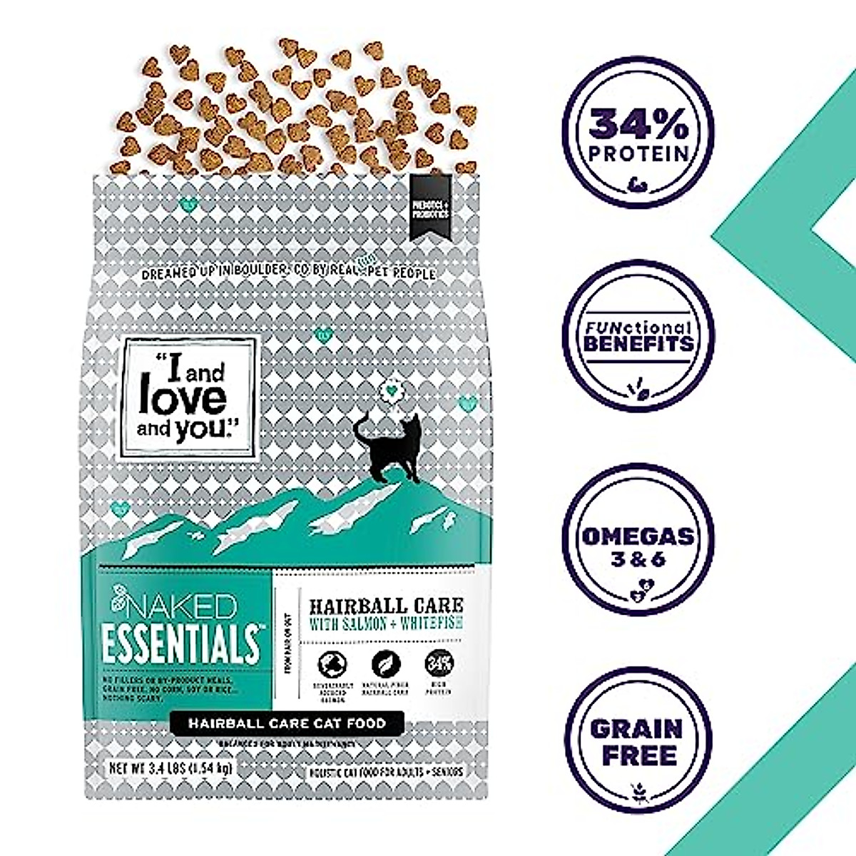 I AND LOVE AND YOU" Naked Essentials Dry Cat Food, Hairball Care Salmon and Whitefish Recipe, Grain Free, Real Meat, No Fillers, 3.4 lb Bag