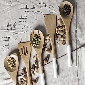 The Art Box Wooden Cooking Spoon Utensils Set of 5 - Kitchen Serving Tools Non-Stick Cookware12 Inch Wooden Fork, Corner Spoon, Slotted Turner, Spoon, Spatula For Baking, BPA Free, White