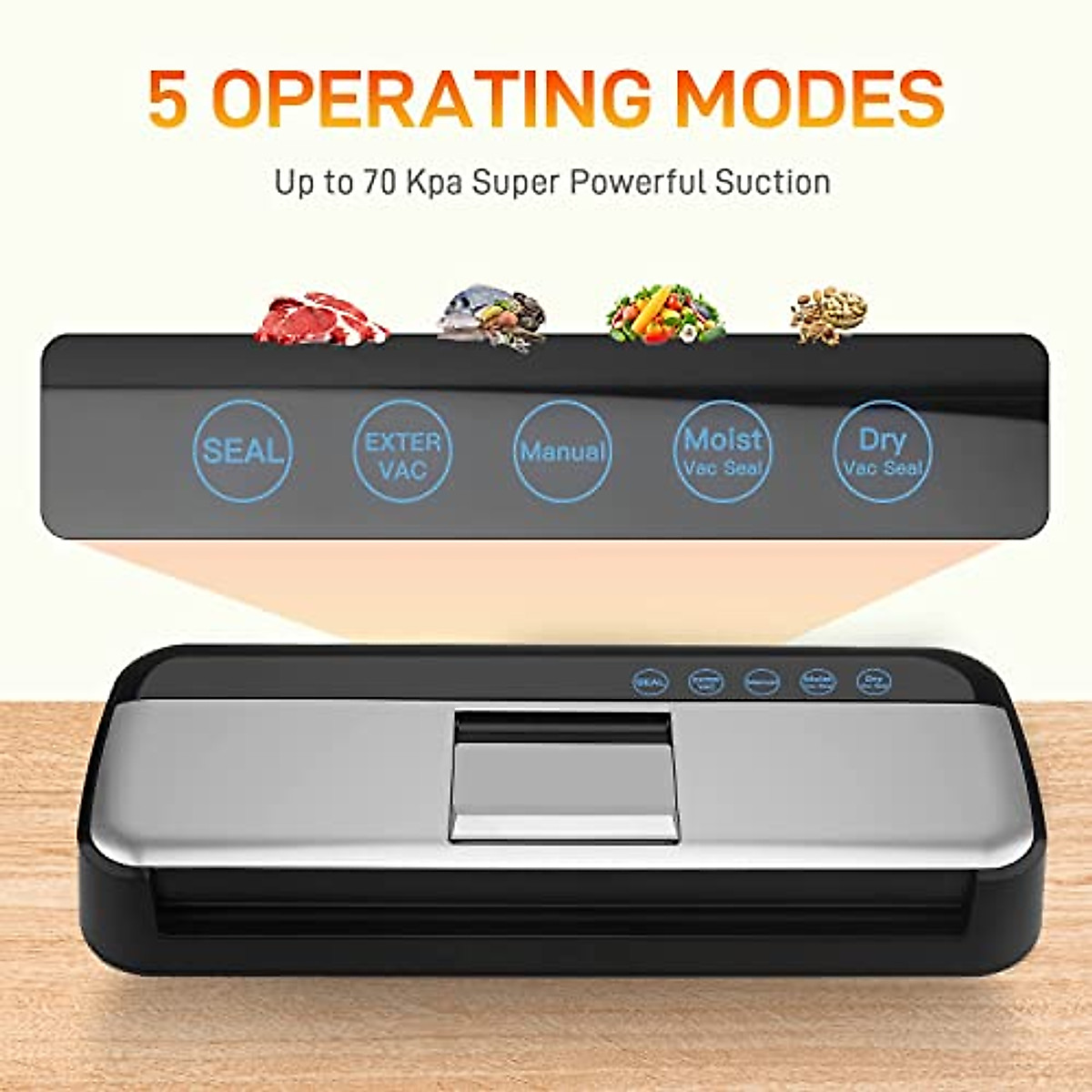 ICFPWR Vacuum Sealer, One-Touch Automatic Food Vacuum Sealer, Air Sealing System for Food Storage & Sous Vide, Food Saver Vacuum Sealer Machine Moist/Dry Modes with 15 Seal Bags and 1 Air Suction Hose