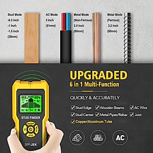 DIY-JEK Stud Finder Wall Scanner, Upgraded 6 in 1 Electronic Stud Detector Sensor with LCD Display & Audio Alarm for Wood Metal AC Live Wire Detection, Joist Pipe, Copper Tube Tester