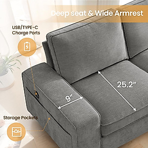 COHOME 100" L-Shaped Couch with Storage, Chenille Upholstered Deep Seat Couch for Living Room, Sofa with Reversible Chaise, Removable Covers, 4-Seater Apartment Sofa with Charge Ports,Grey