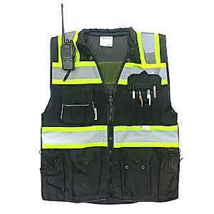 Vero1992 (C) Vest Mens Class 2 Black Series Safety Vest With Zipper and Utility Pockets Premium Black Series Surveyors Vest (L, Black)