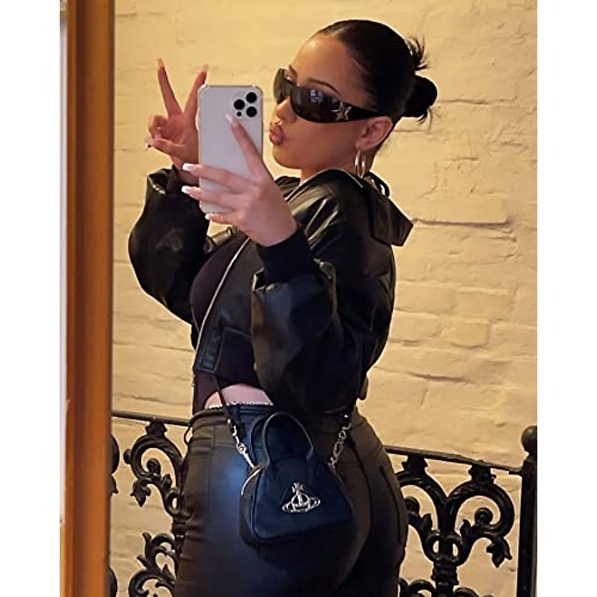 LIKSMU Rimless Y2K Sunglasses for Women Men Wrap Around Fashion Sunglasses Oversized Frameless 2000s Trendy Sun Glasses Black Lens and Black Frame