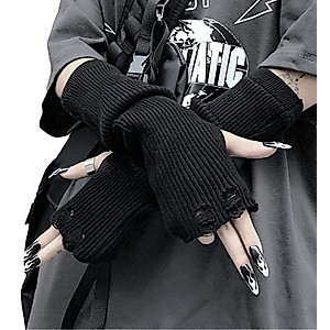 URAWESO Goth Gloves Emo Fingerless Arm Warmers Gothic Steam Punk Thumbhole Ripped Hip Hop Arm Sleeves Cosplay