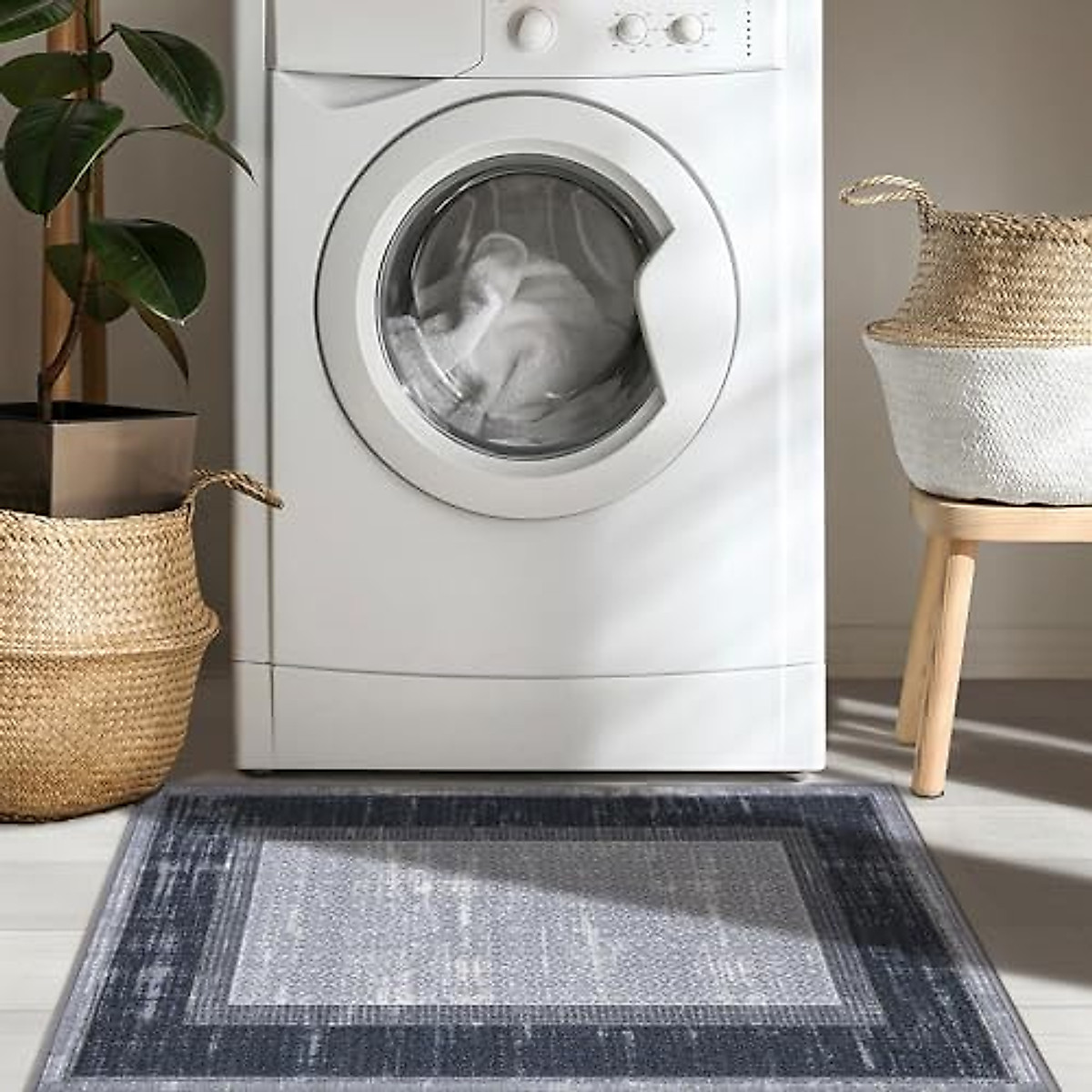 Ottomanson Ottohome Non-Slip Rubberback Bordered Design 2x3 Indoor Area Rug/Entryway Mat, 2'3" x 3', Gray/Navy